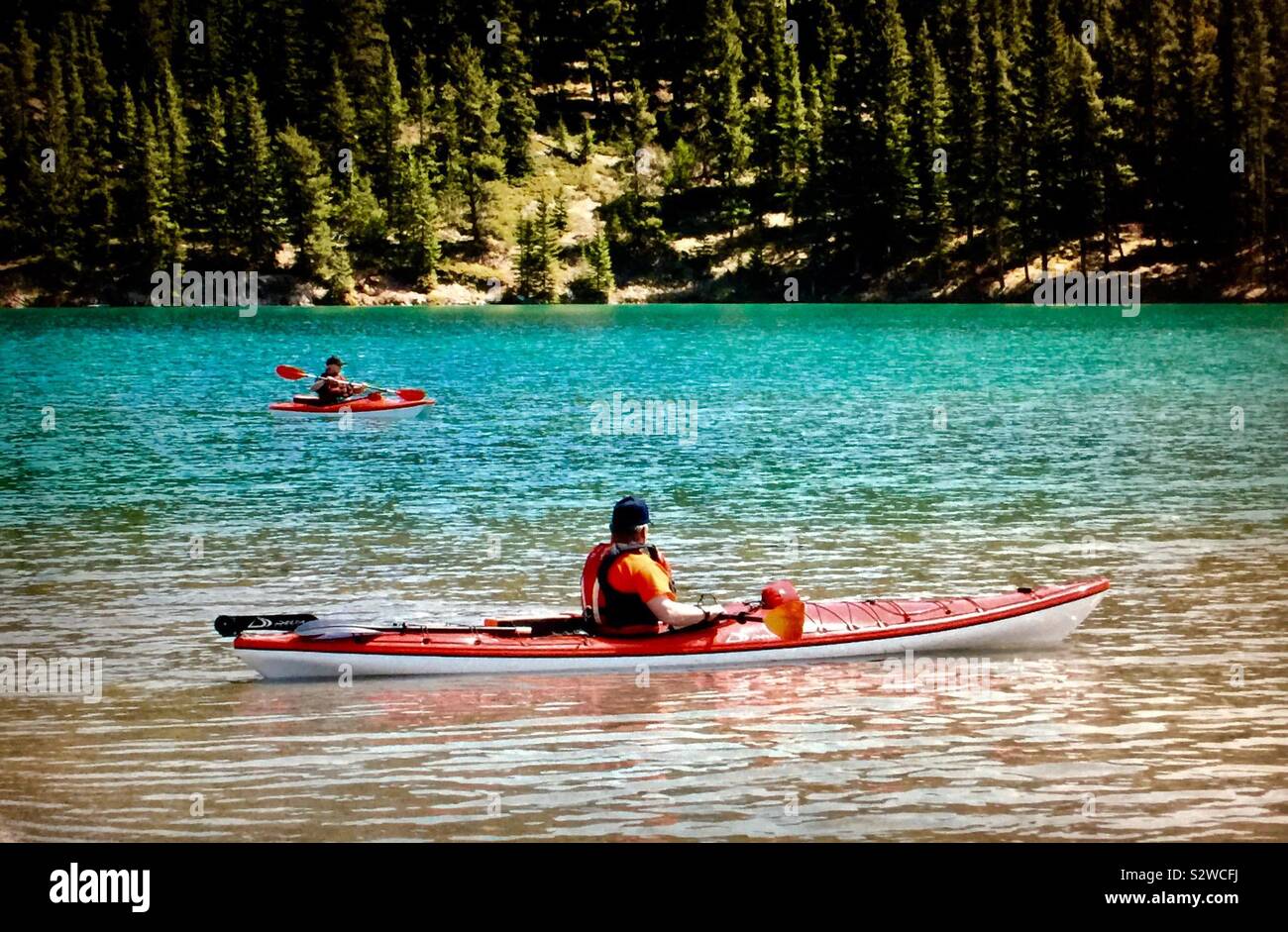 Canadian Rockies, kayaking on Two Jack Lake, Banff National Park ...