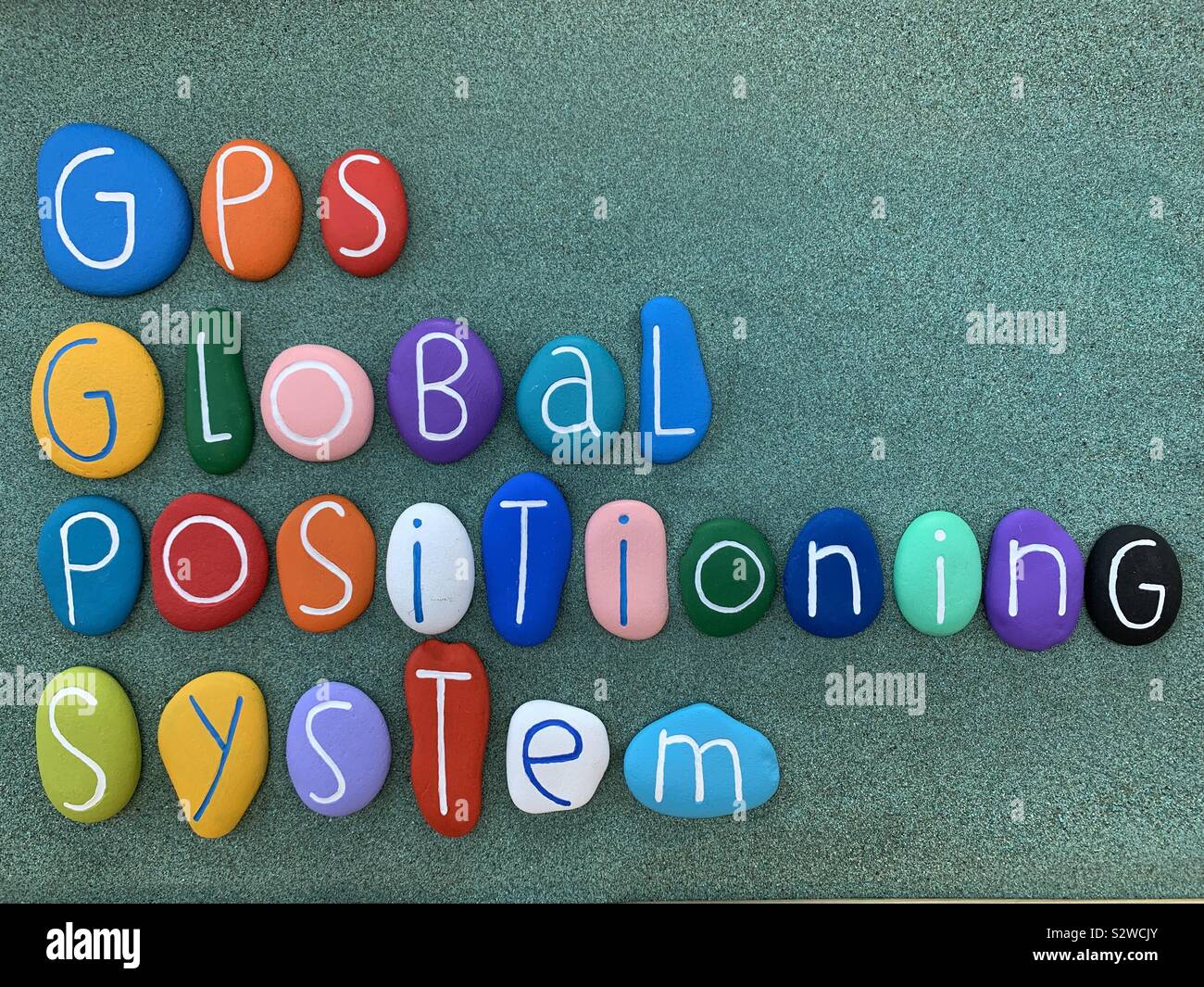 GPS, Global Positioning System, creative text composition with colored ...