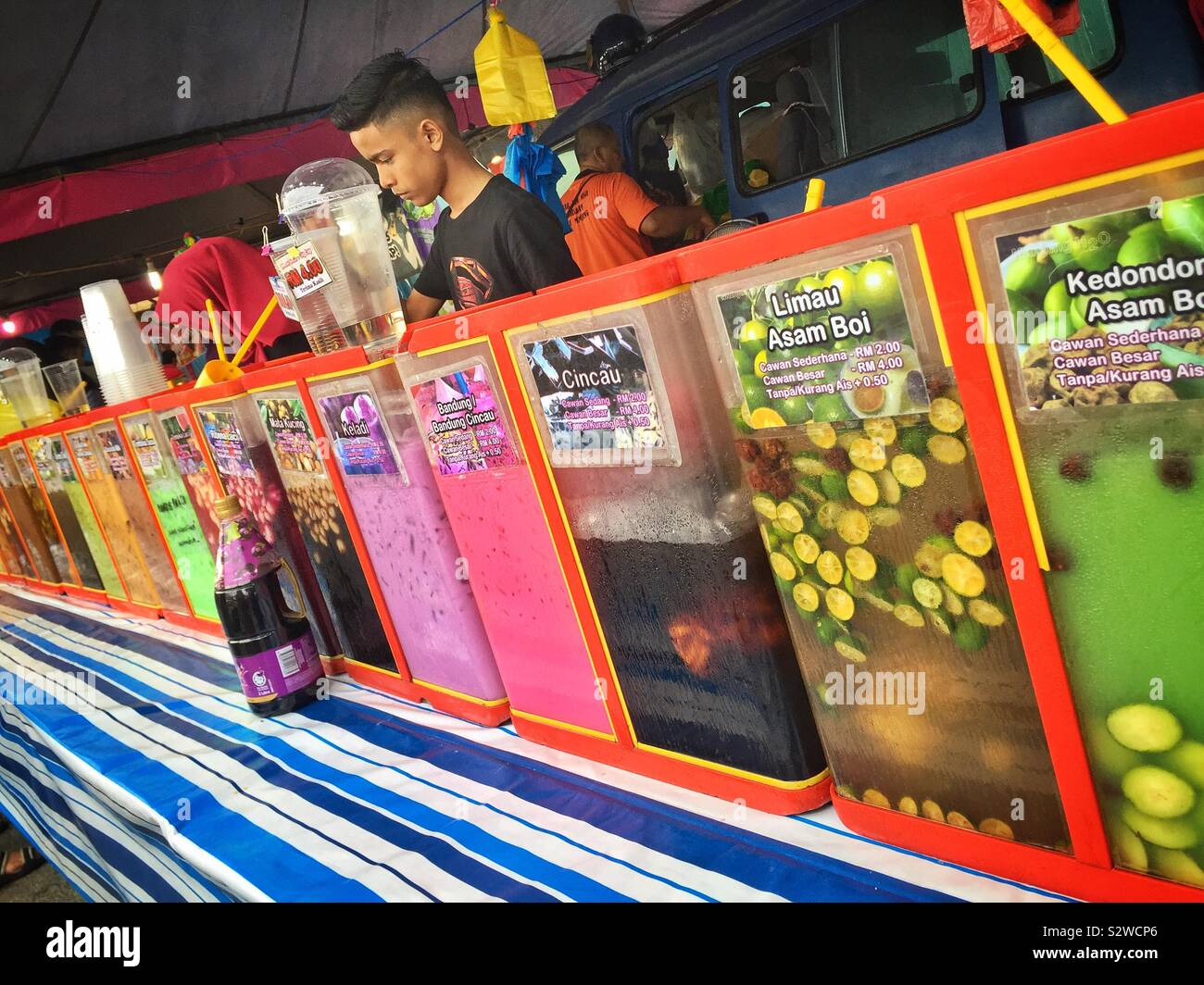 A selection of drinks prepared with local fruits and other ingredients ...