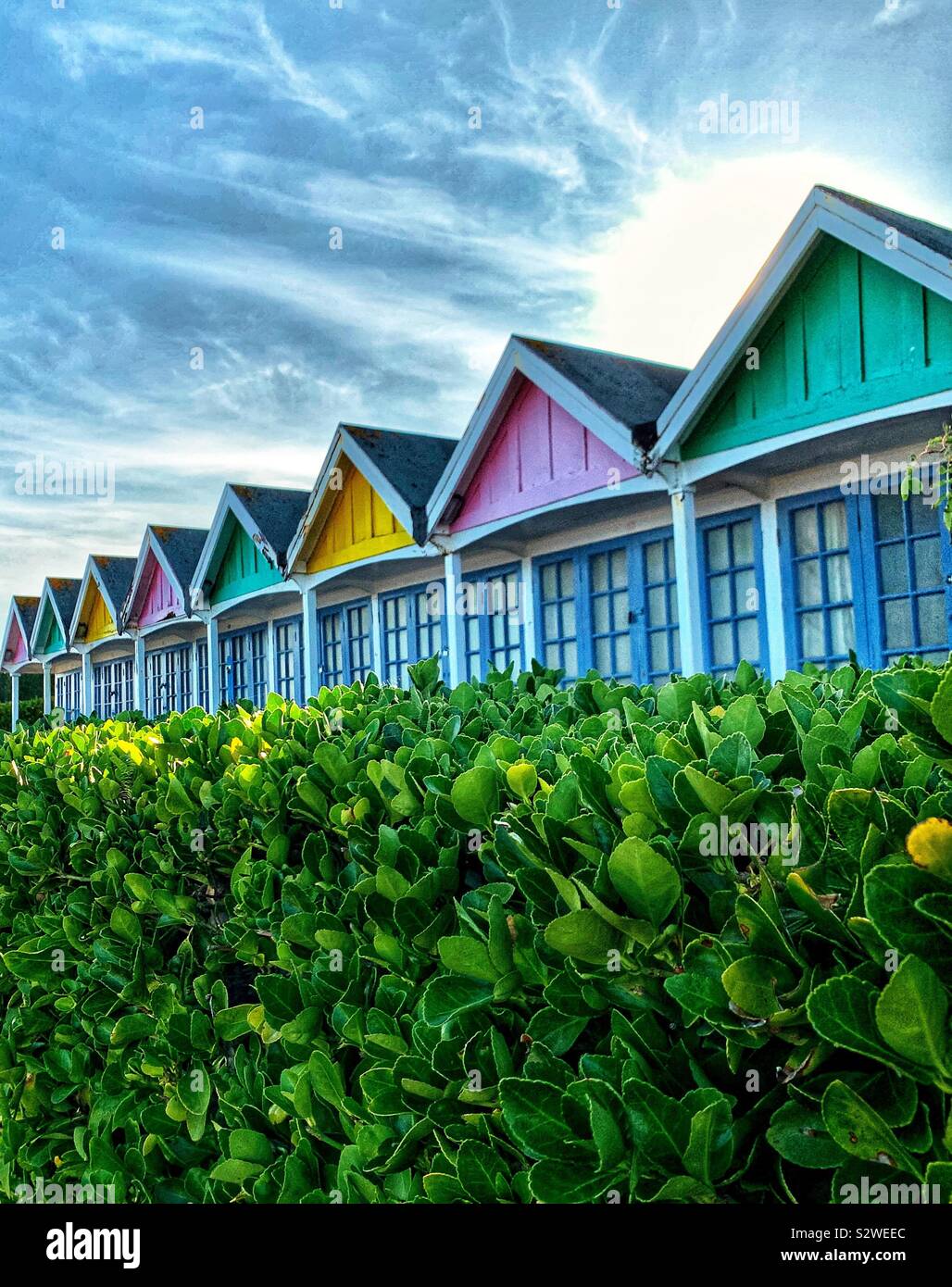 Looking over hedge at colourful beach huts in the evening Stock Photo ...