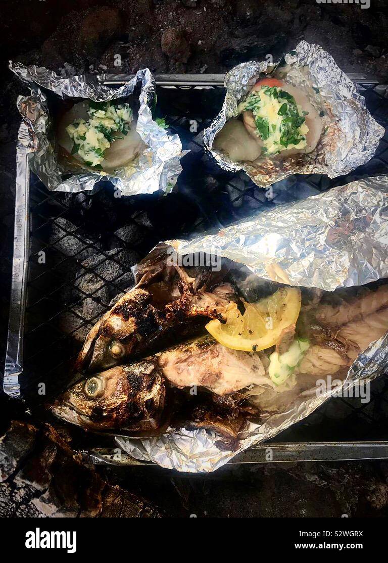 Fish barbecue on the beach in Cornwall, UK Stock Photo - Alamy