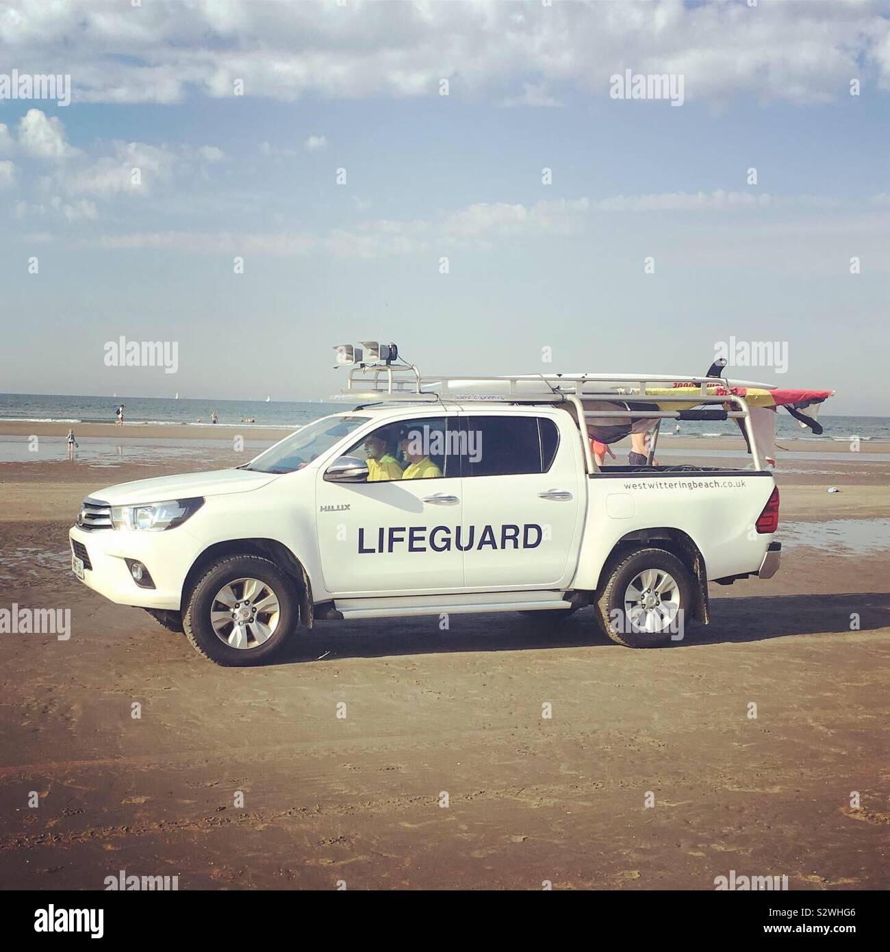 Lifeguard’s pickup truck at West Whittering beach, West Sussex, England ...
