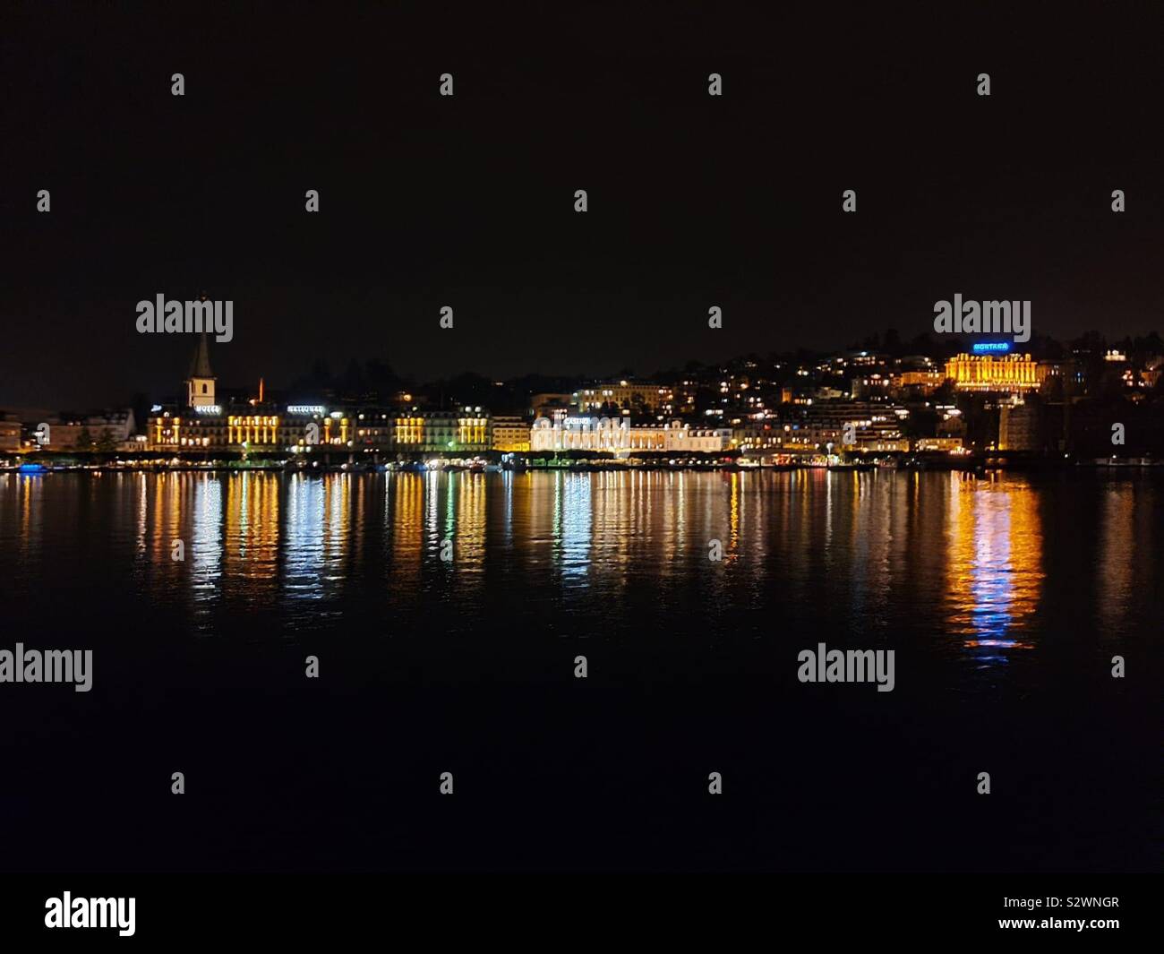 Luzern Skyline at Night seen from lake Stock Photo - Alamy