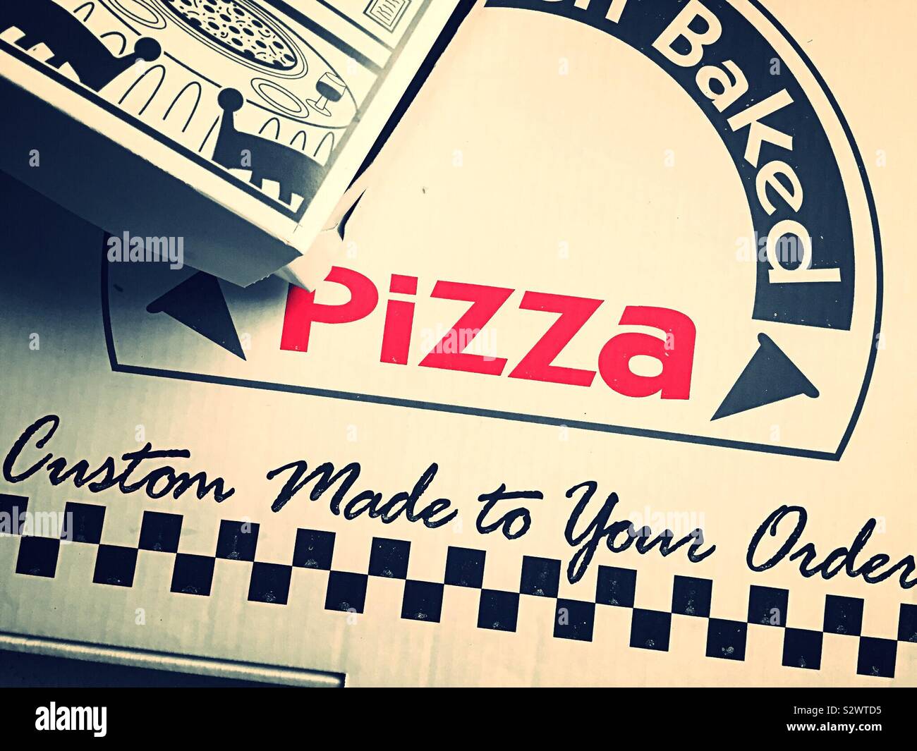 Pizza delivery boxes in black and white with the word pizza highlighted ...