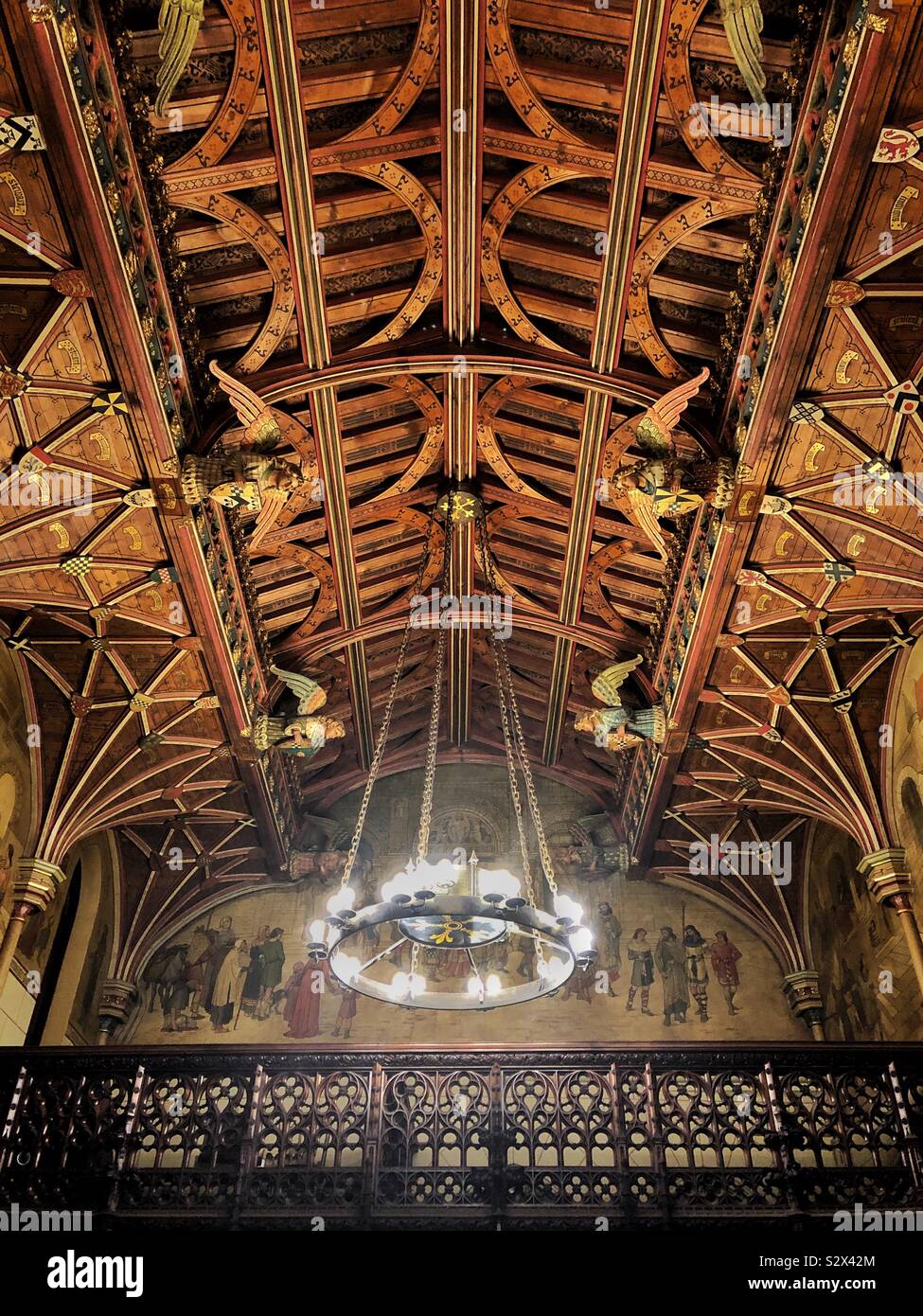 The ceiling of the banqueting Hall in Cardiff Castle with a chandelier ...