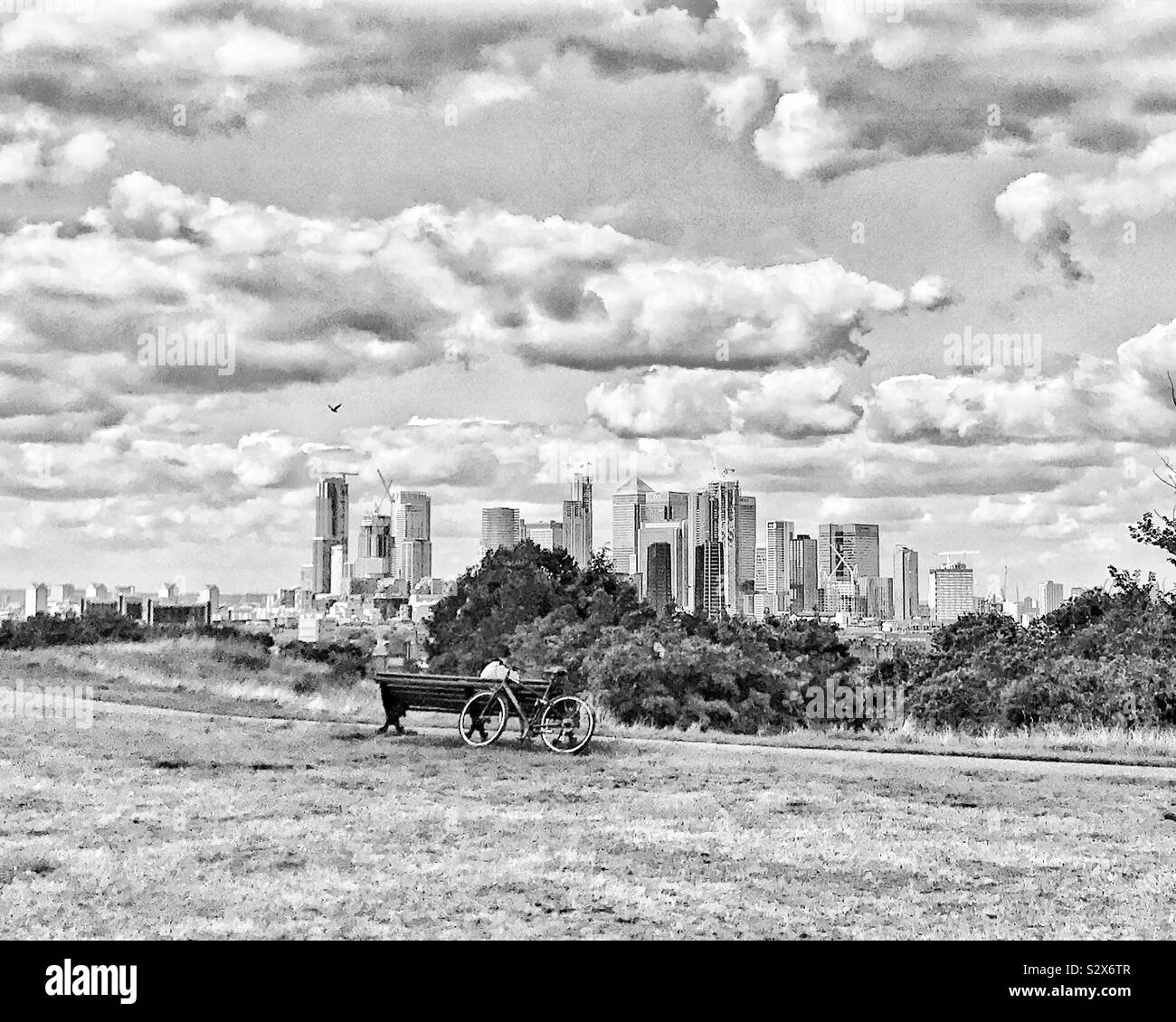 The distant cityscape of Canary Wharf, seen from Greenwich Park, London ...
