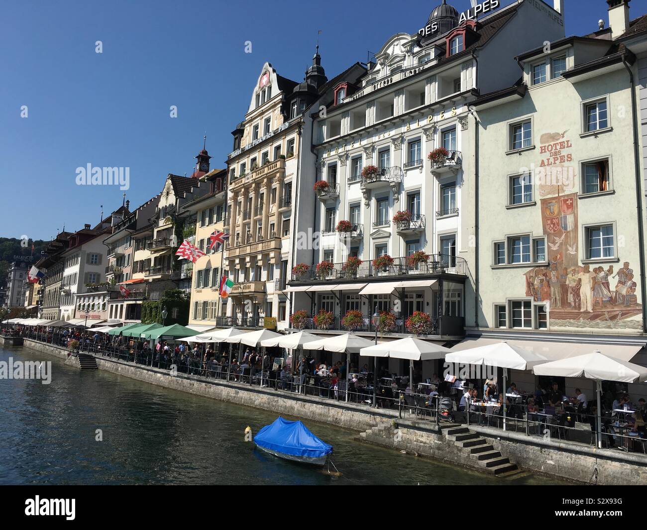 Waterfront along Reuss River oh medieval town Lucerne, Switzerland ...