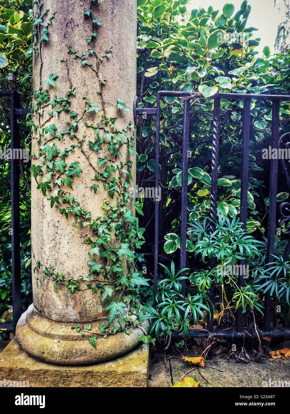 Stone column in garden with fence and plants Stock Photo - Alamy
