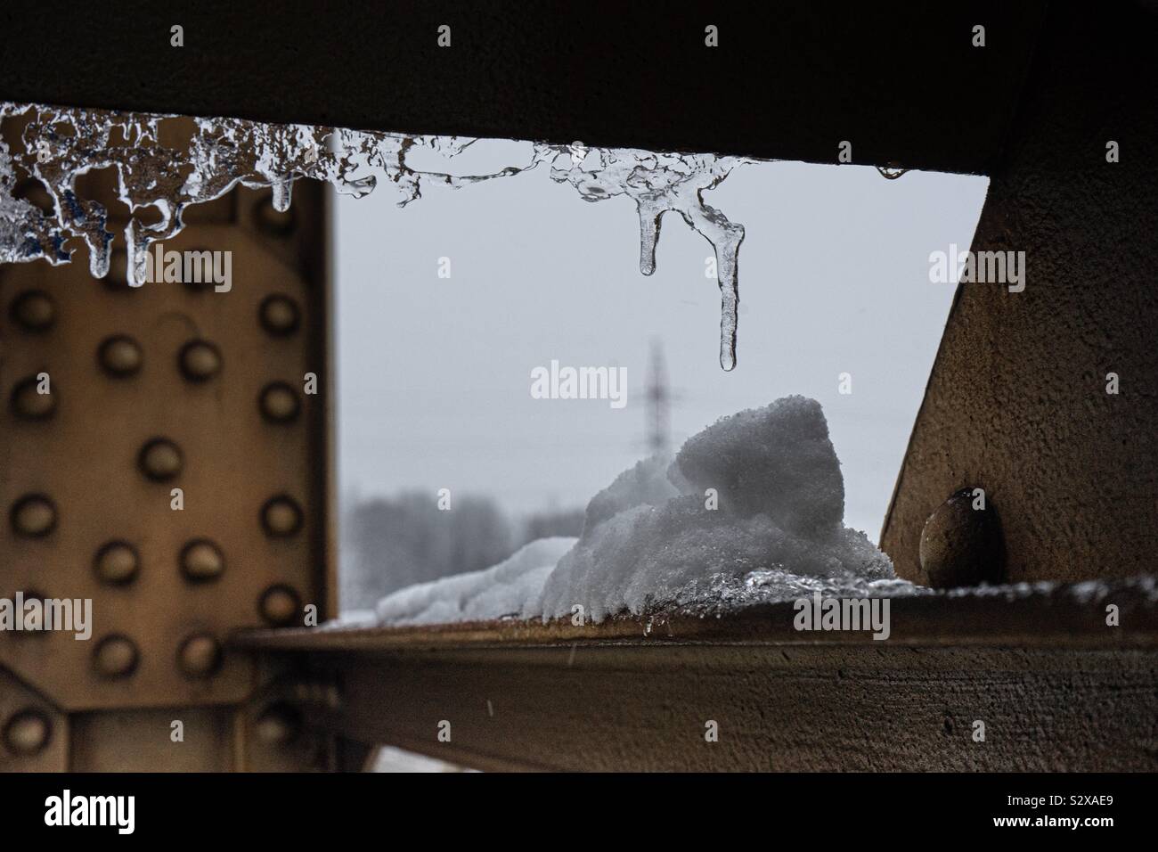 Frozen corner of metal bridge Stock Photo - Alamy