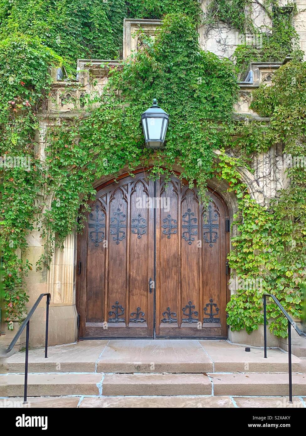 Fancy ornate carved wooden entrance door to a gothic building Stock ...