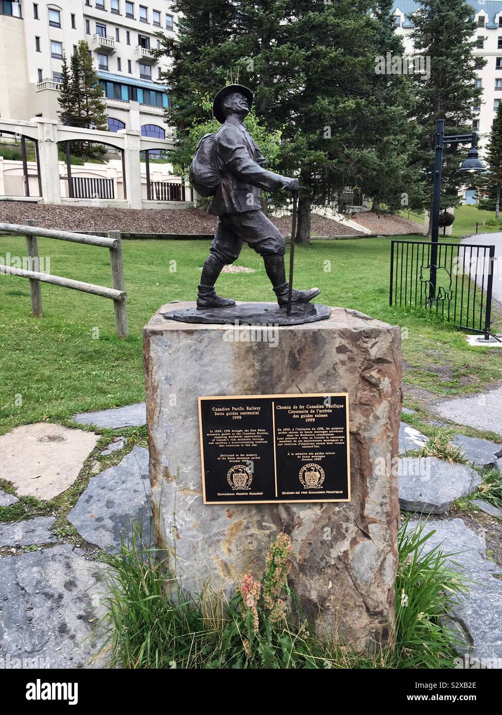 Statue honoring the Swiss mountain guides at Lake Louise, Banff ...