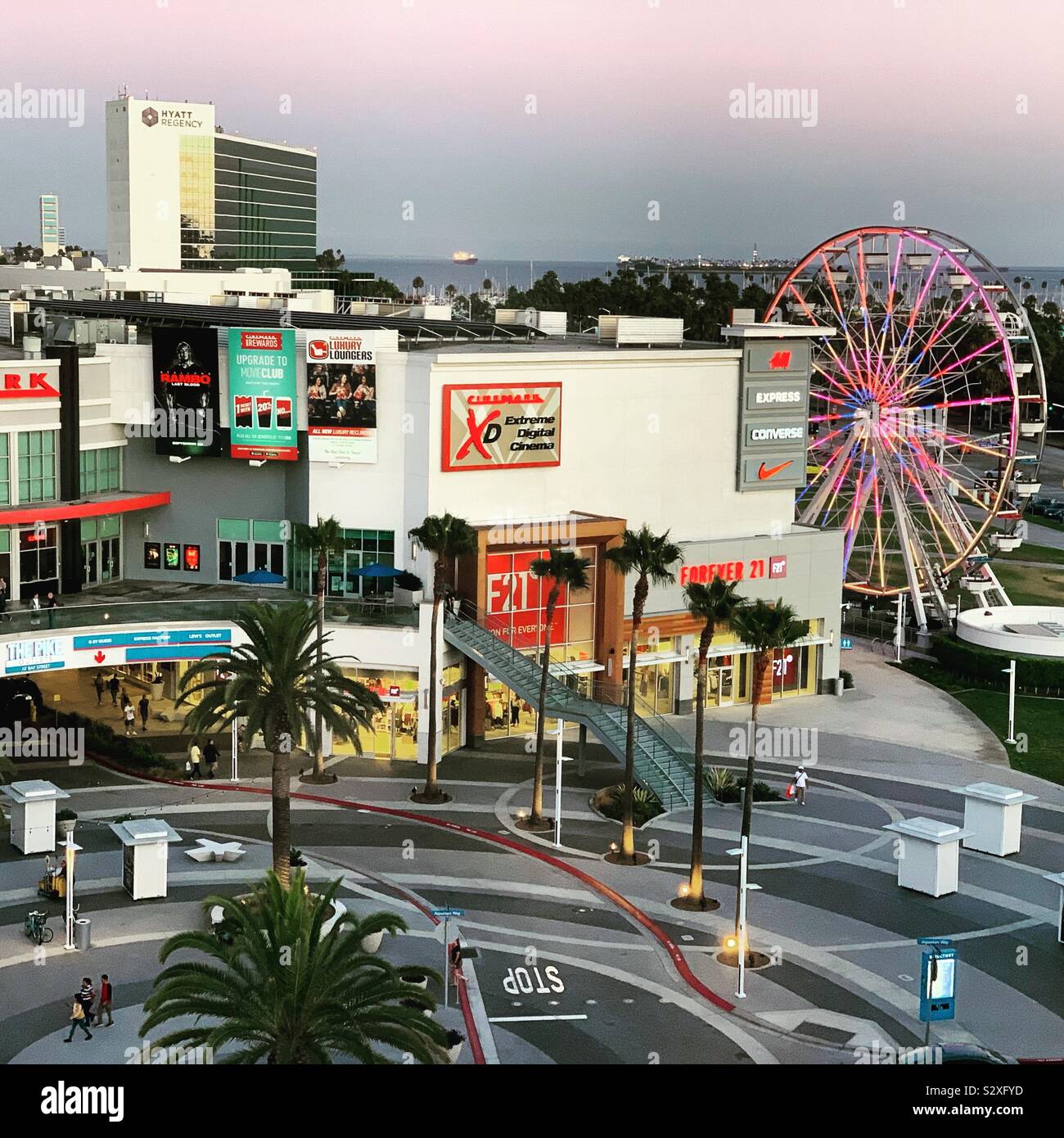 Sunset view of The Pike Outlets and Ferris wheel, Hyatt Regency in the ...