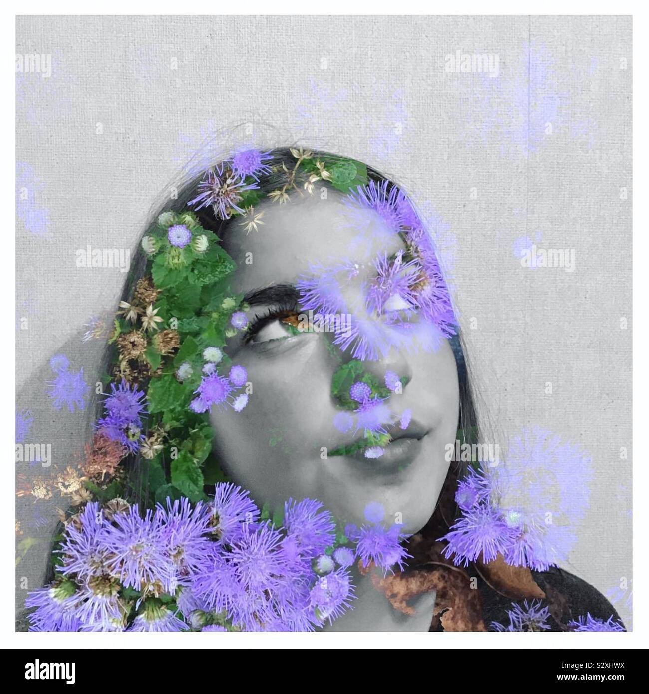 Girl smiling with purple flowers on her face. Double exposure ...