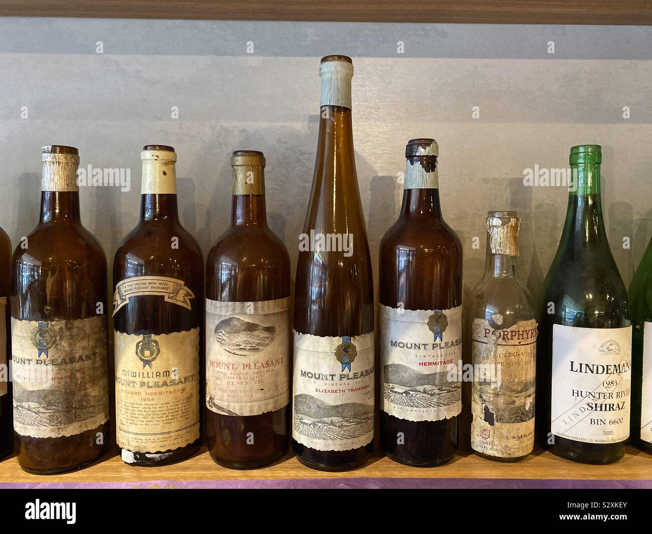 Old wine bottles in a row, Hunter Valley wine, Australia Stock Photo ...