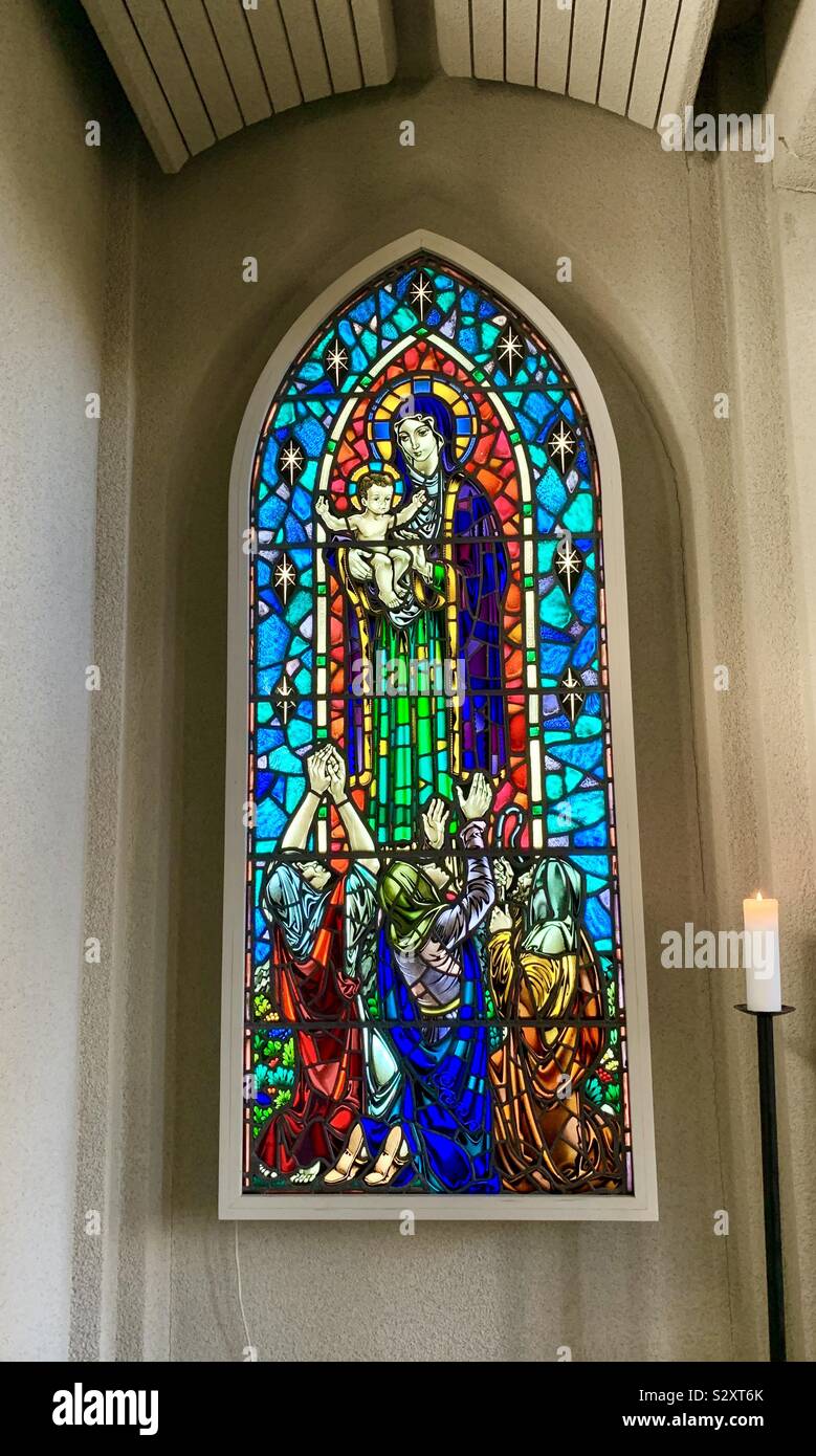 Reykjavik, Iceland - September 2019: Stained glass window in the ...
