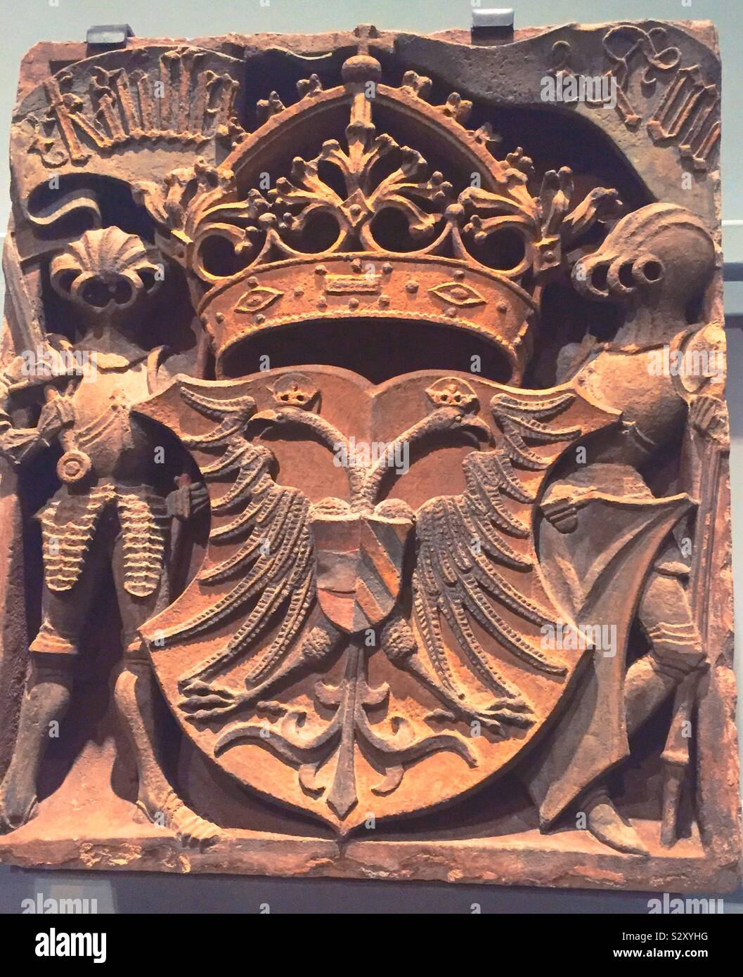 Close up of a carved stone coat of arms from the exhibit of knights and ...