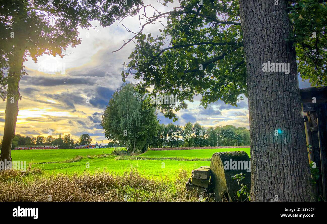 Dramatic colorful sky over a green Countryside landscape with Meadows ...