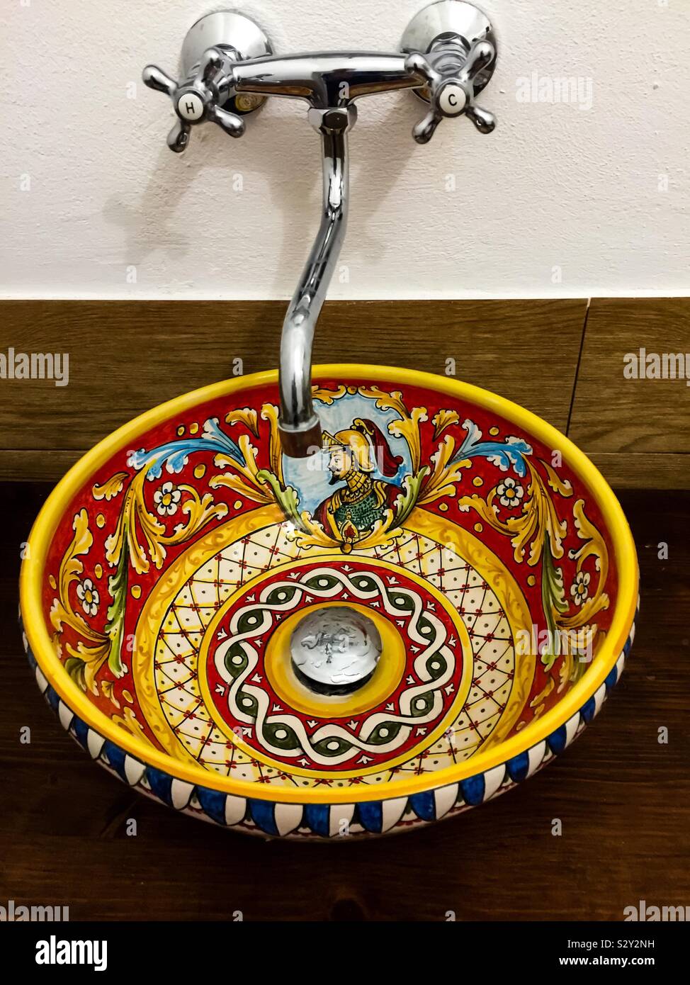 Ornate sink. Turkish design in bold colours on the bowl and modern ...