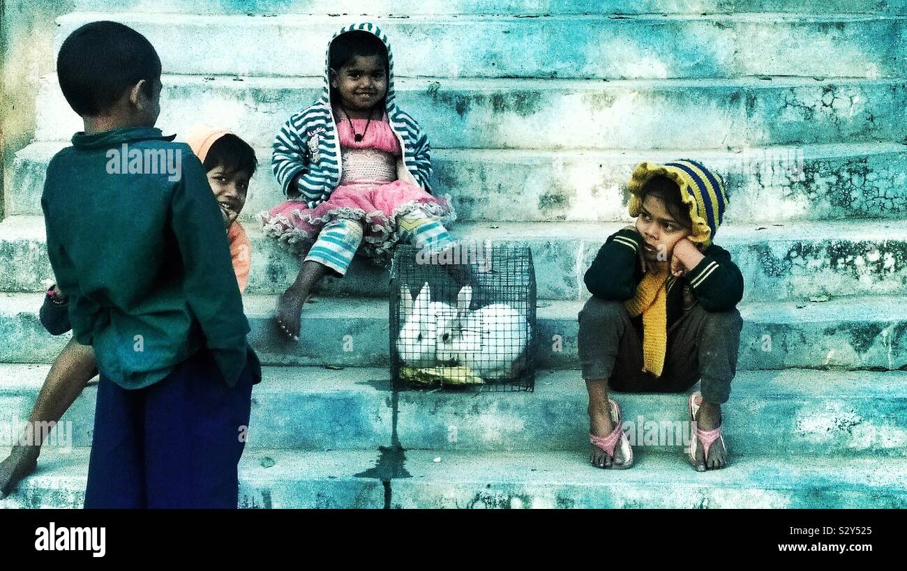 Happy kiddos on the streets of Varanasi are the best pals ever Stock ...