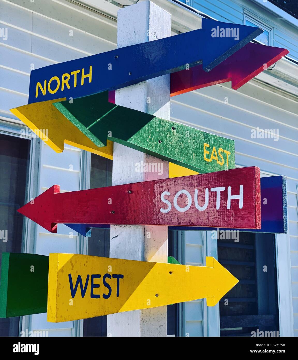 Colorful directional signs, Wellfleet, Cape Cod, Massachusetts, United ...