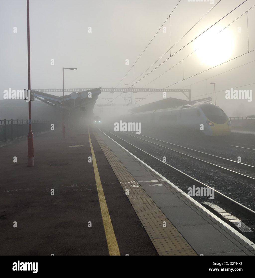 Trains on a foggy morning at Rugby Station, Warwickshire Stock Photo ...