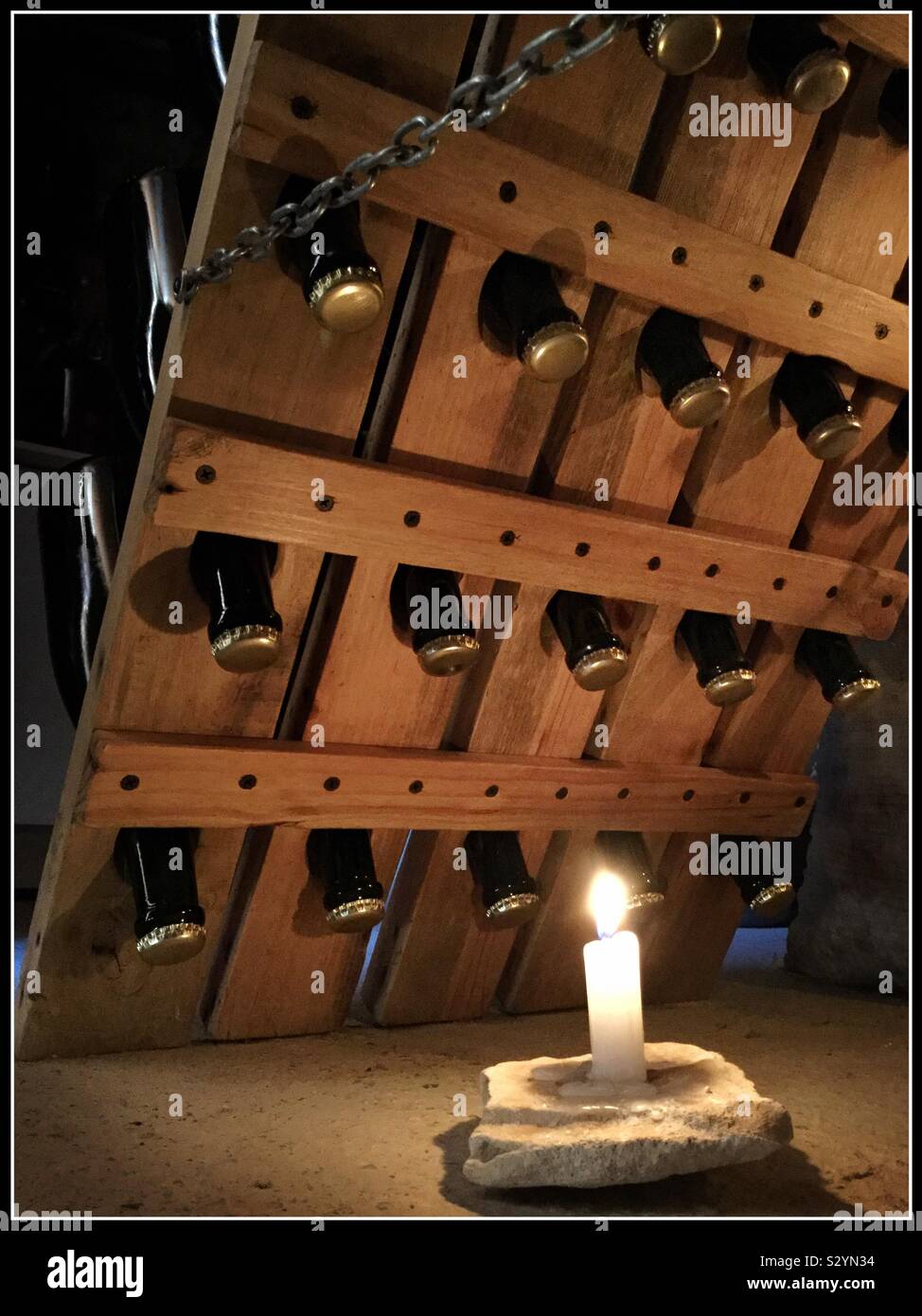 Sparkling wine undergoing remuage (riddling) on a Pupitre rack ...