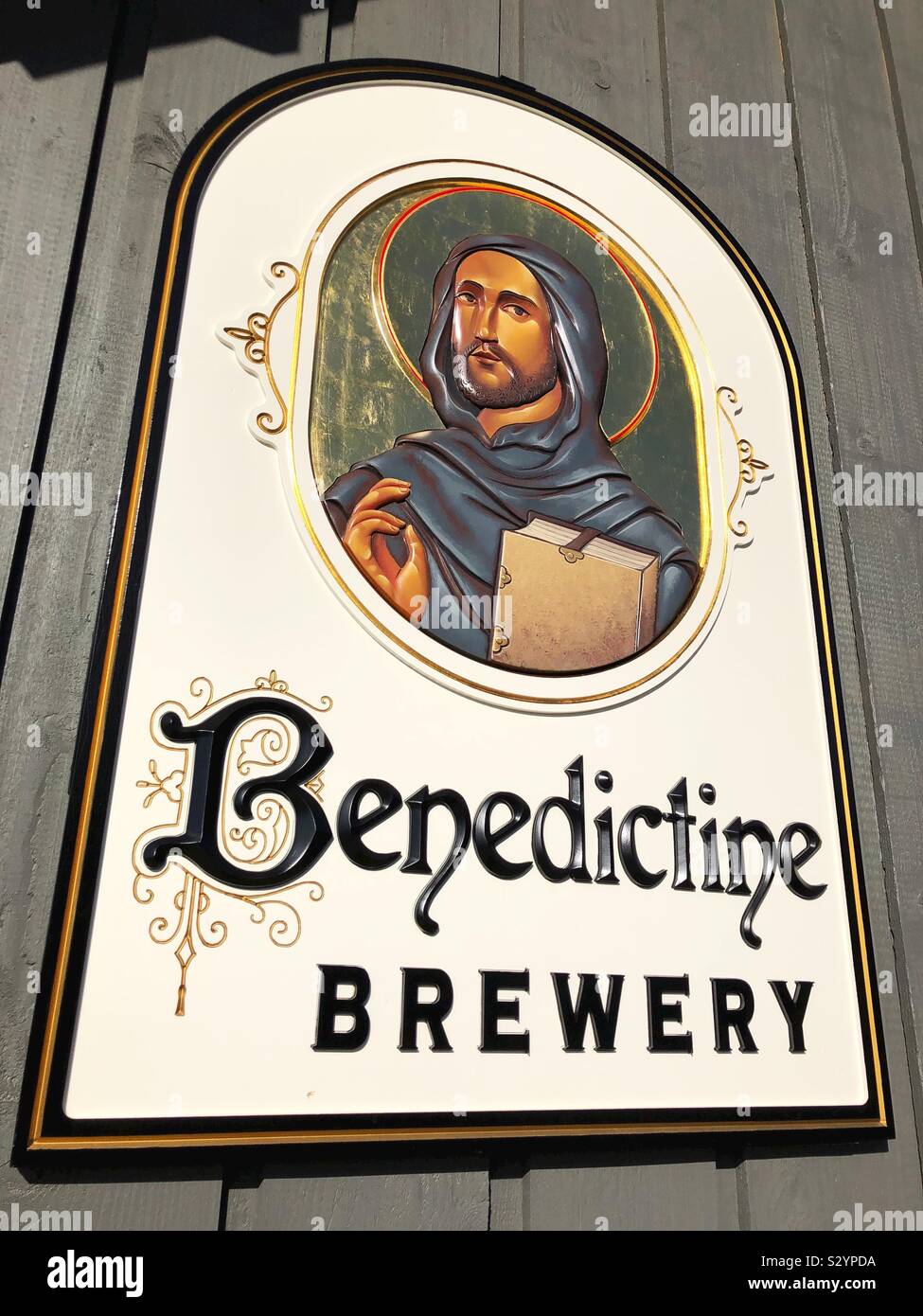 A sign at the entrance to Benedictine Brewery in Mount Angel, Oregon ...