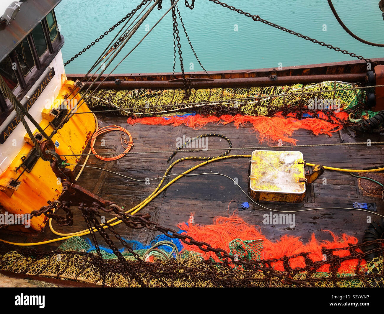 Deck of a fishing trawler moored at Newlyn harbour, Cornwall, November ...