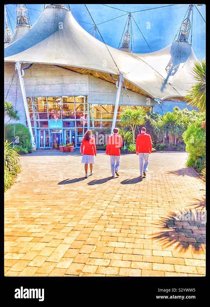 Trio of red coats at Butlins Bognor Regis summer 2019 outside skyline ...