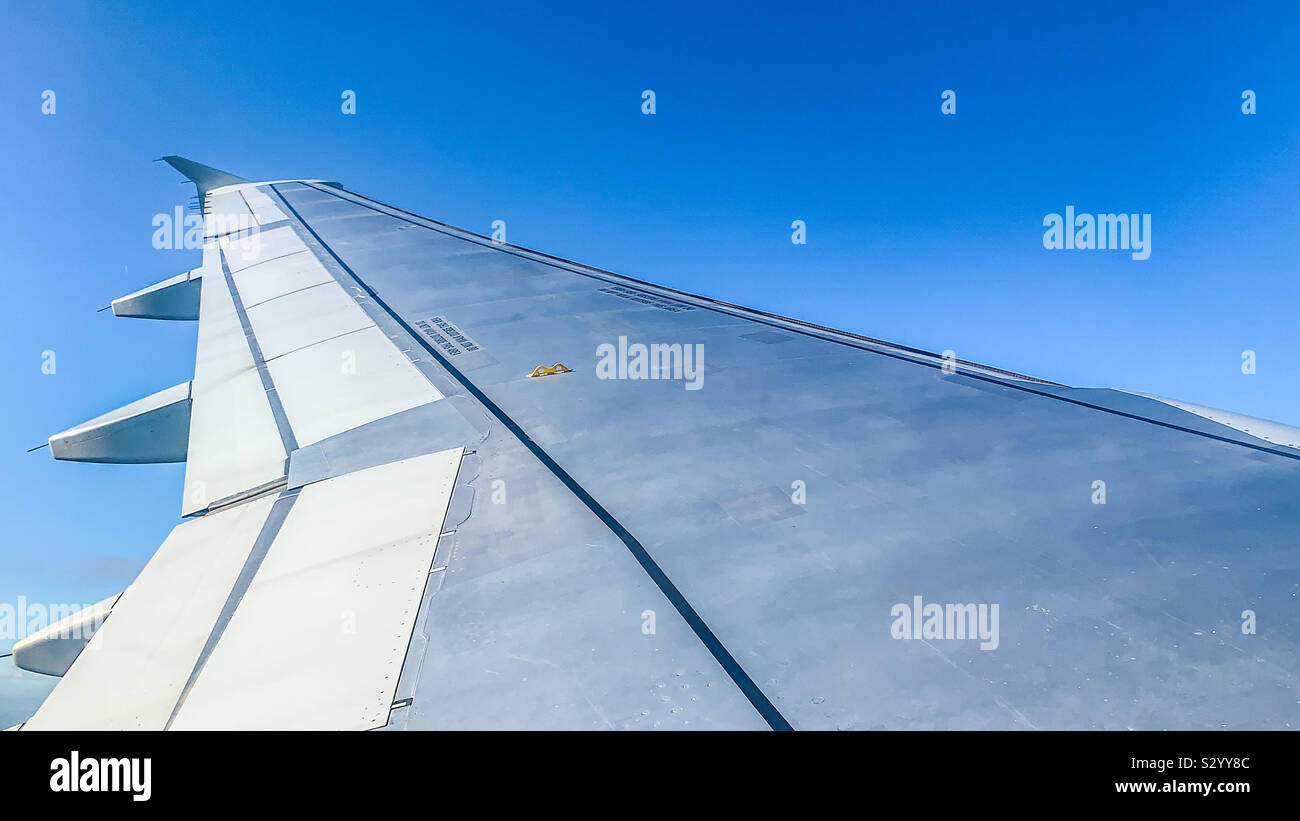 Wing View from Aer Lingus Airbus A320 in flight with blue sky Stock ...