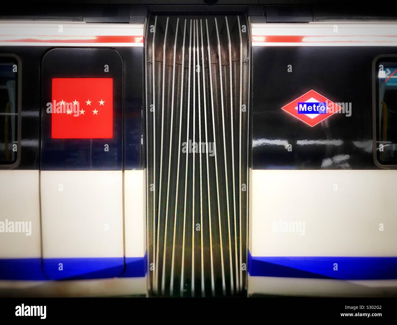 Two train carriages joined together in the Metro of Madrid, Spain Stock ...