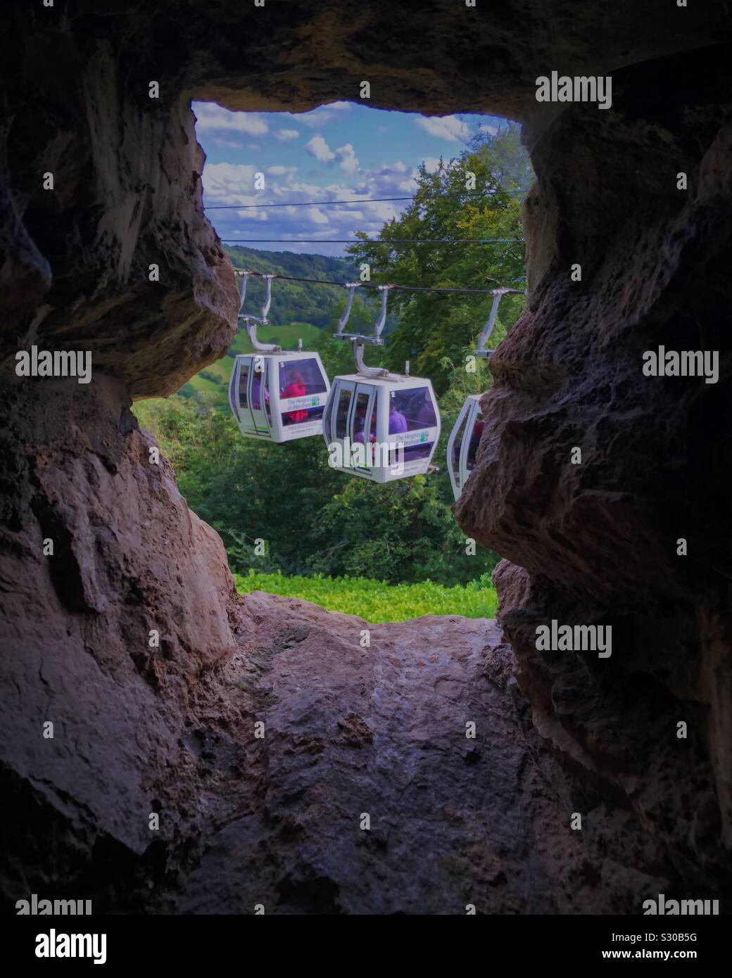 The Heights of Abraham cable cars, viewed through a window of the ...