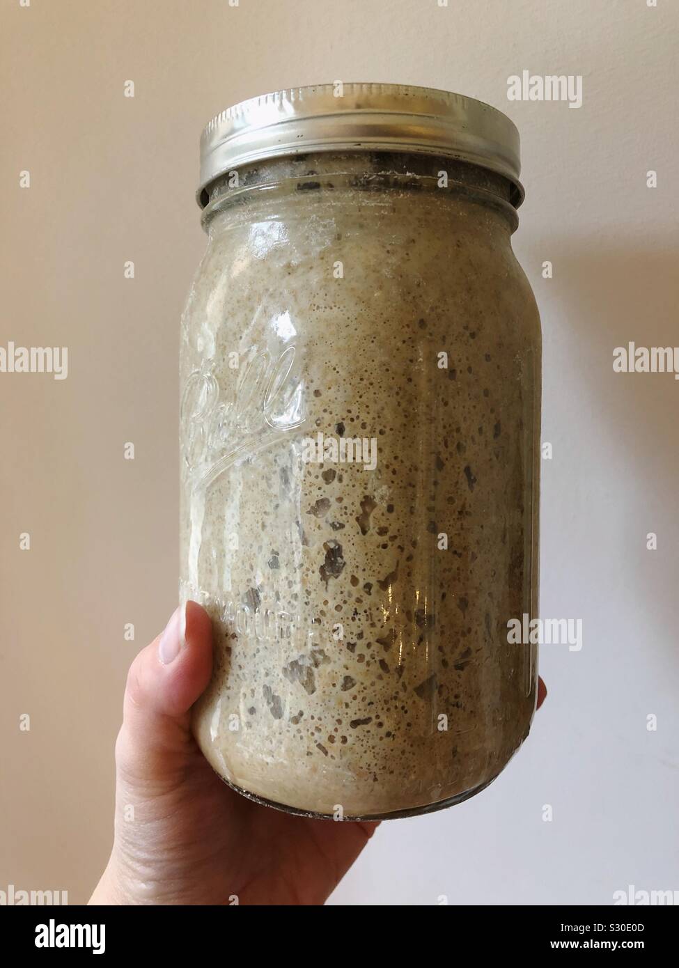 Jar of rye sourdough starter Stock Photo - Alamy