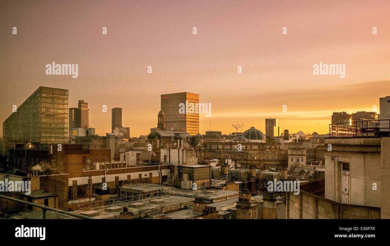 Sunrise in Manchester, England uk. Arndale tower, royal exchange ...