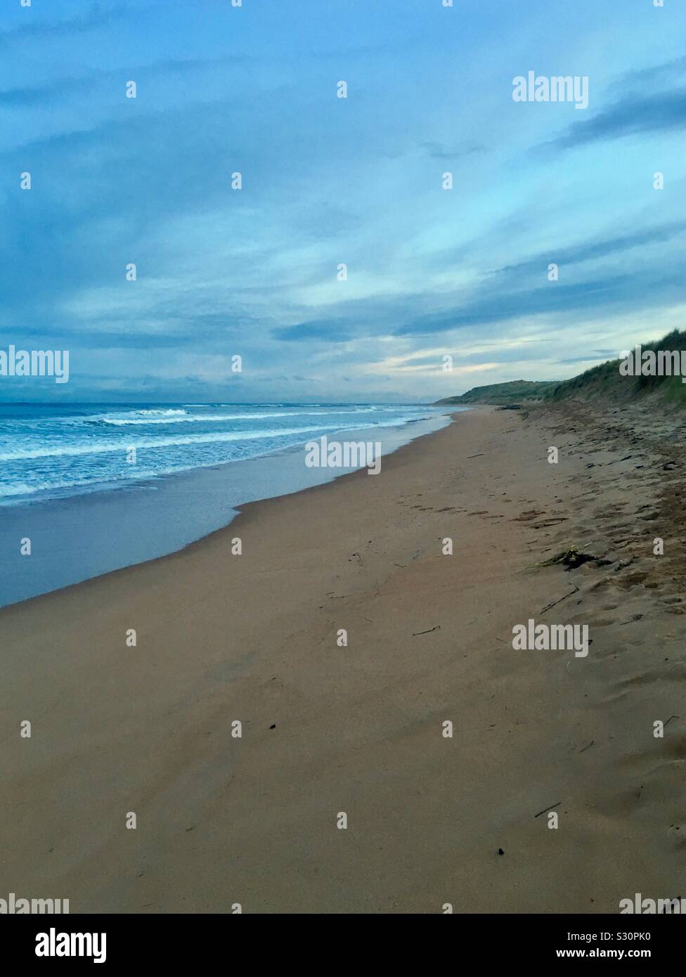 Dusk at the golden sands of St Fergus Beach, North East Scotland Stock ...
