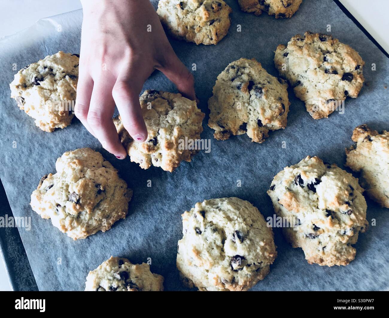 Hand taking cake from baking tray Stock Photo - Alamy