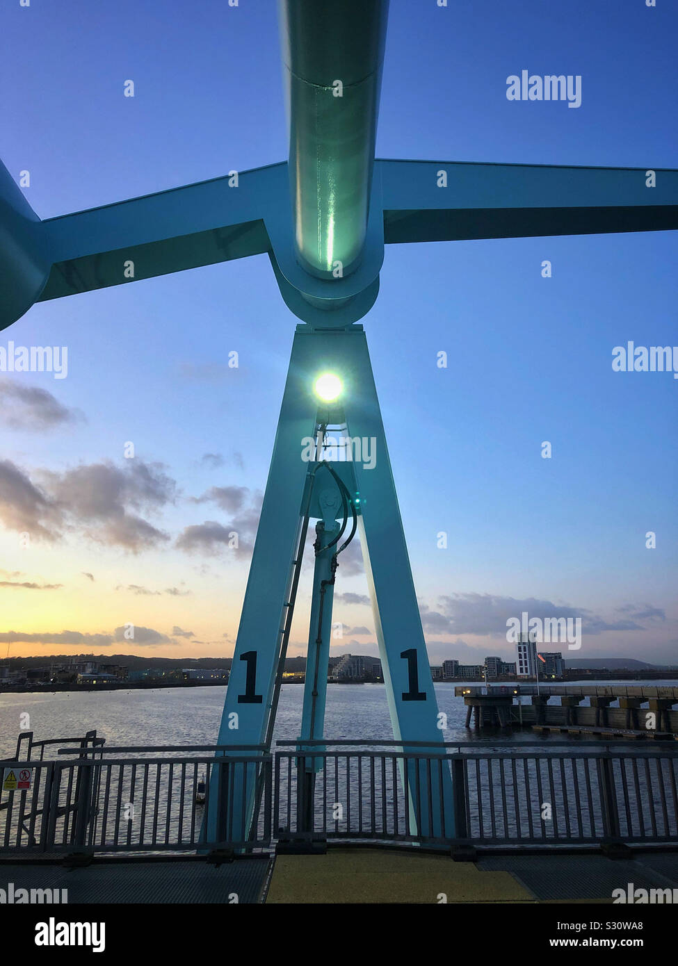 Cardiff Bay barrage - part of the road bridge/lock mechanisms. Dusk ...