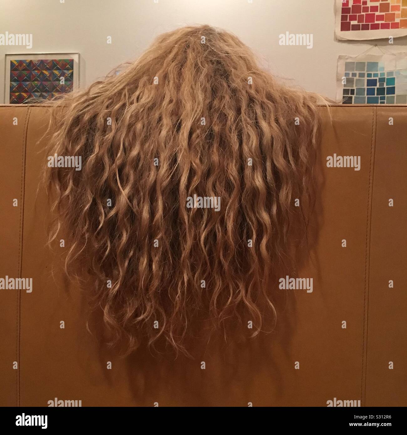Blonde curly hair draped over edge of couch Stock Photo - Alamy