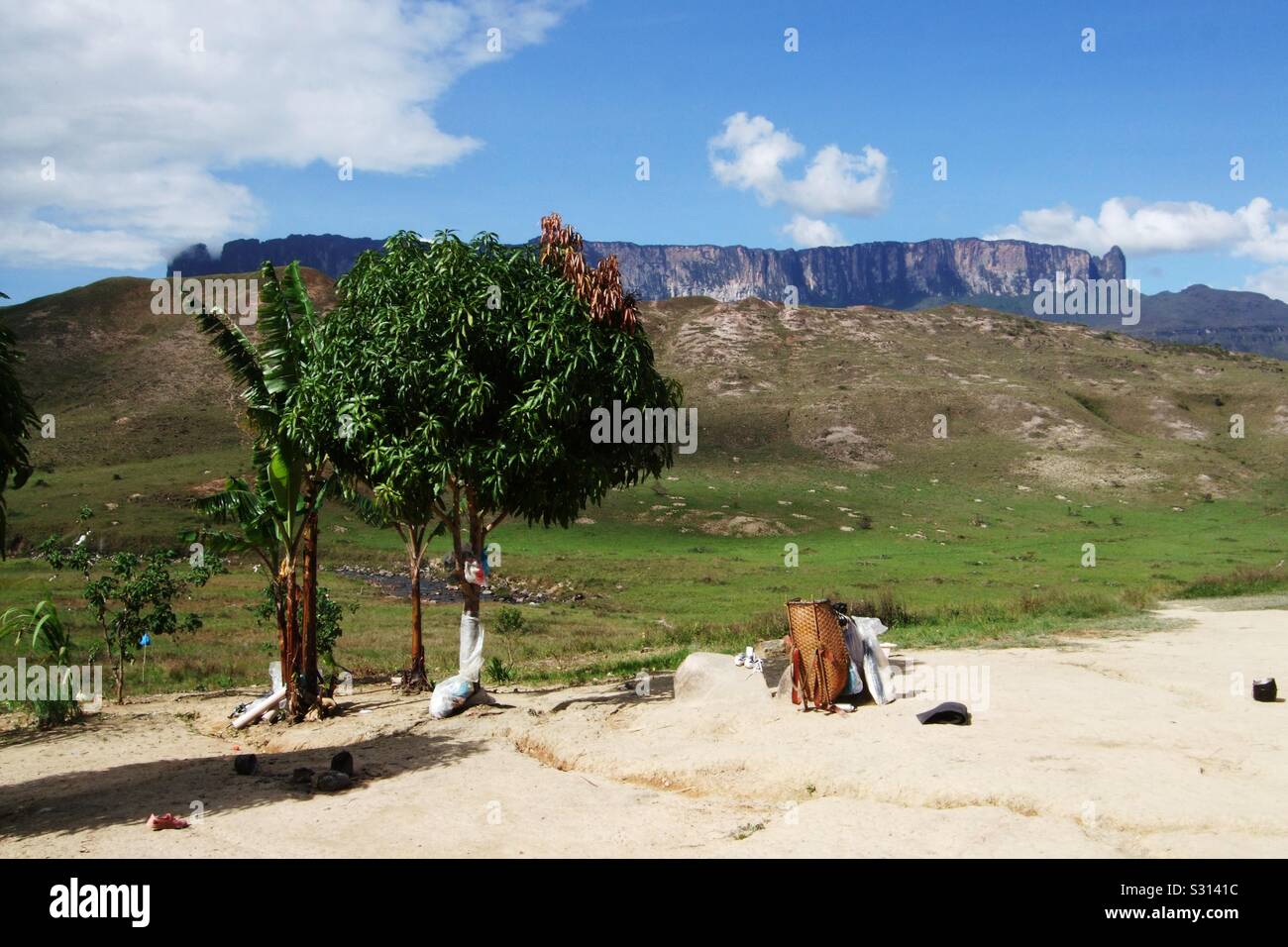 Route across savannah to Mount Roraima, a tepui plateau mountain ...