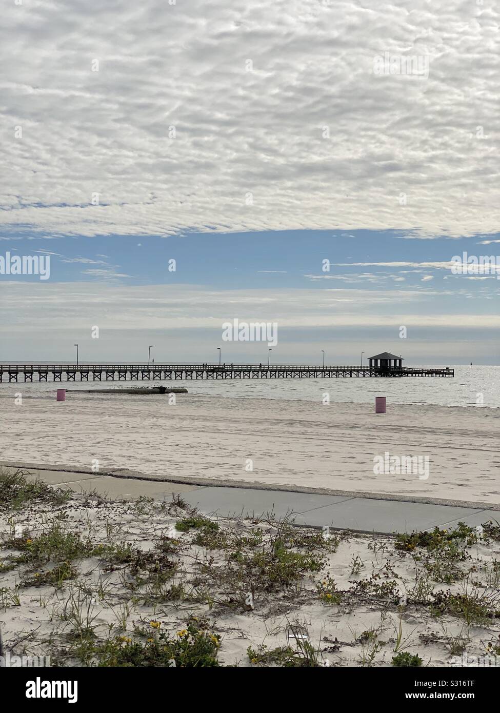 Street view of the Gulf of Mexico beach and water with long pier and ...