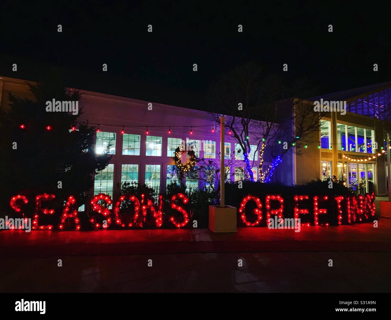 “Seasons Greetings” in lights in December at the Cape Codder Resort ...