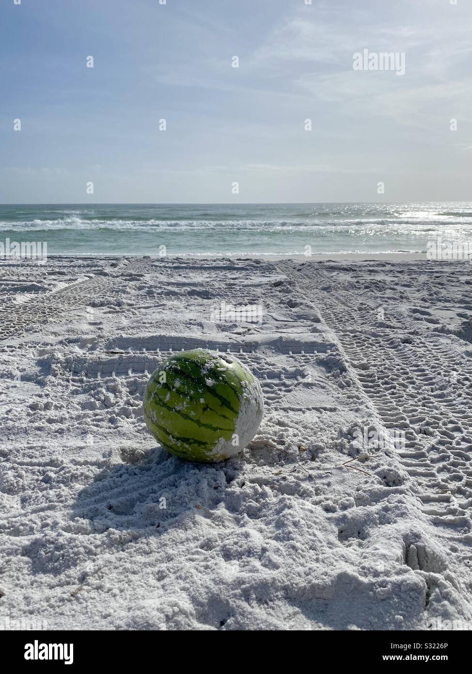 A watermelon lying on white sand beach with view of water Stock Photo ...