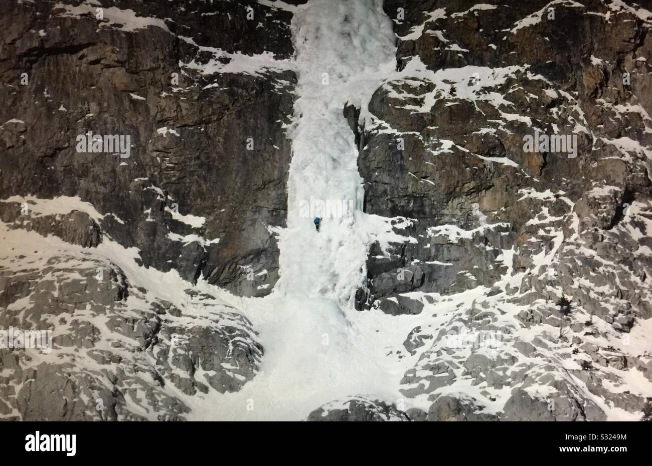 Ice falls, climber, Cascade Mountain and Falls,Canadian Rockies, Banff ...