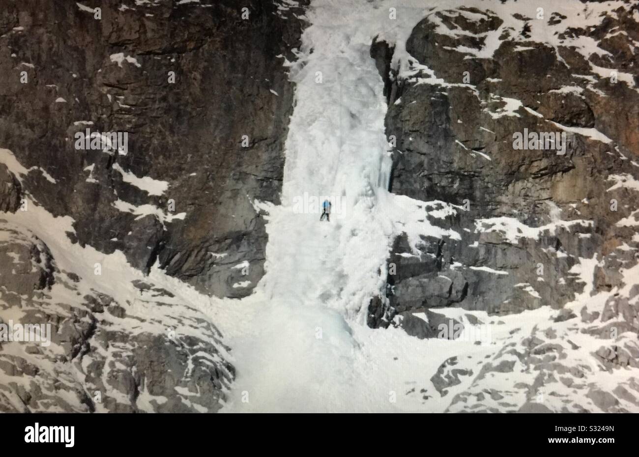 Ice falls, climber, Cascade Mountain and Falls,Canadian Rockies, Banff ...