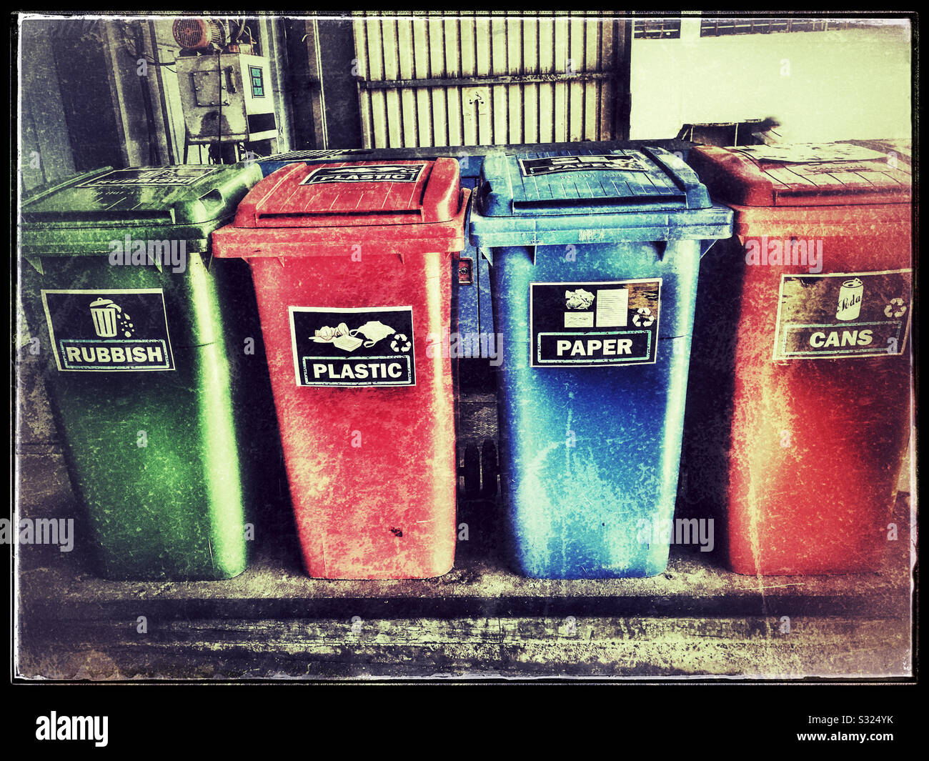 Recycling bins, heavy use of filters Stock Photo - Alamy