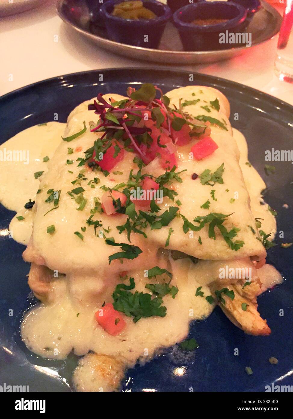 Flat lay close up of a gourmet entrée of chicken enchilada suizas At an ...