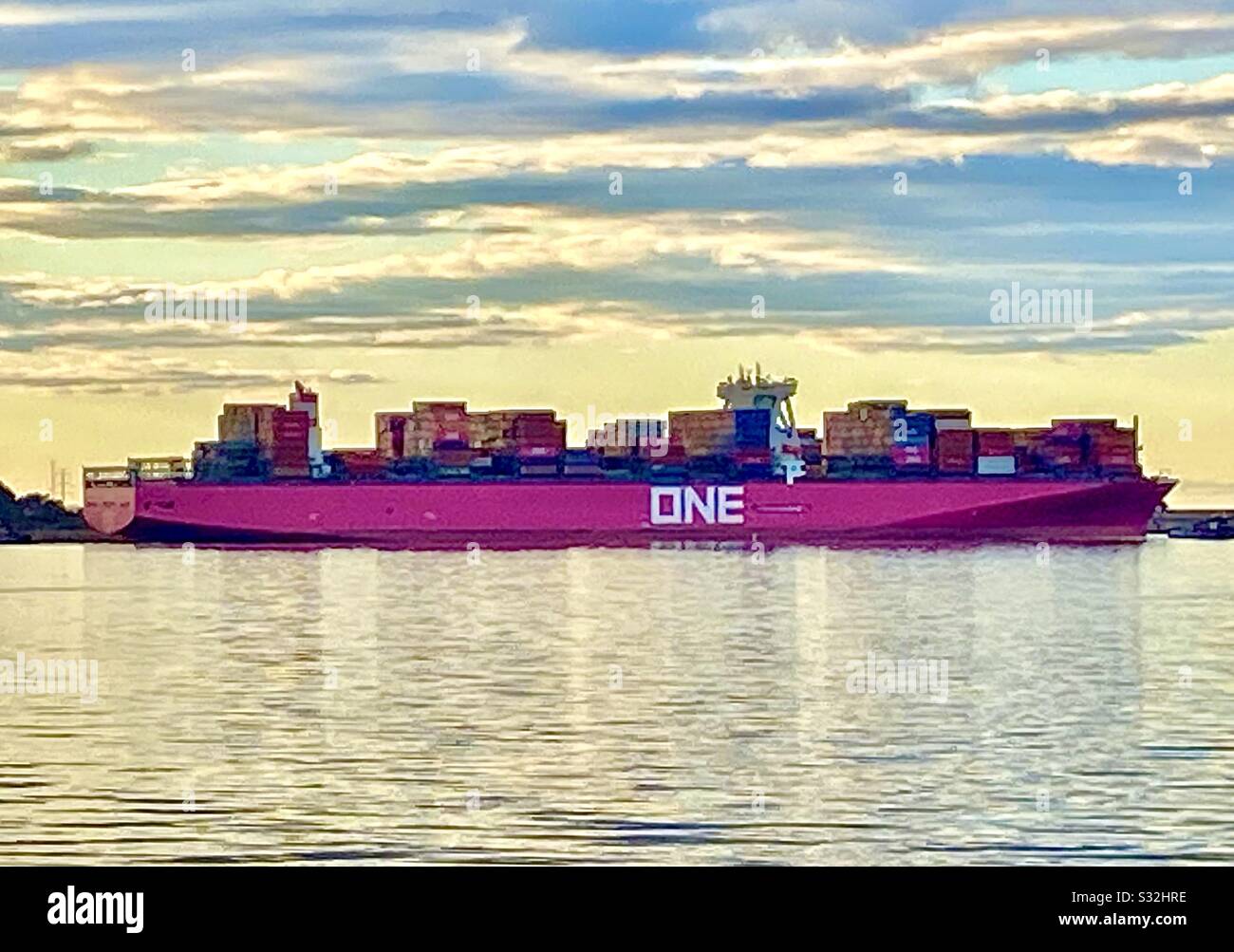 A container ship off Cranes Island on the Elizabeth River, Norfolk ...