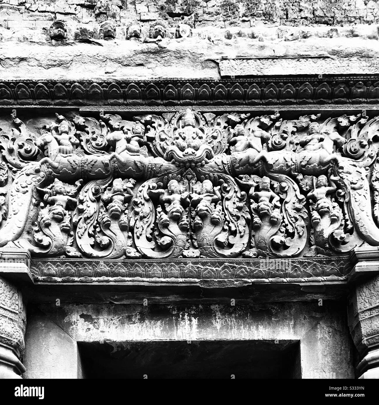 A lintel decorated with carvings, Preah Ko temple, Cambodia Stock Photo ...