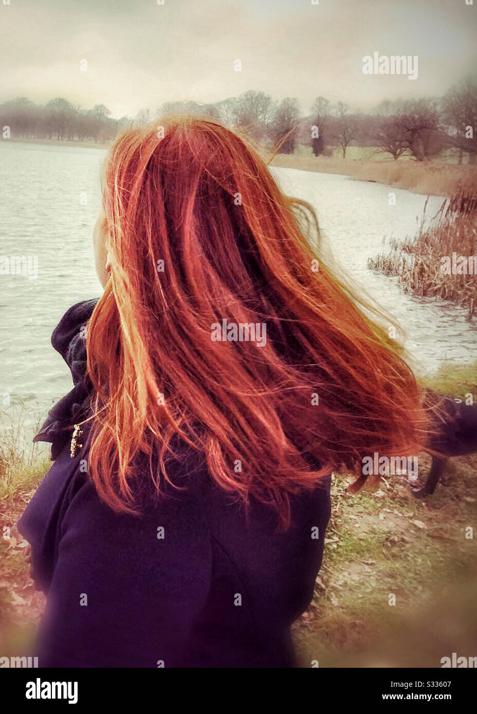 Portrait shot of woman with long red hair with her back to camera ...