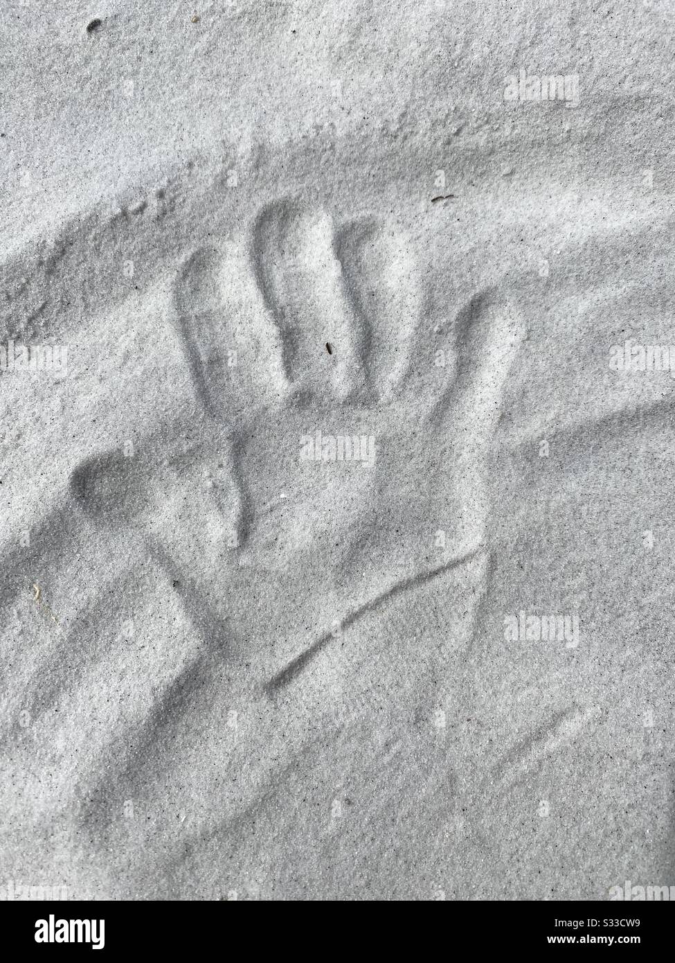 A single handprint on white sand Stock Photo - Alamy